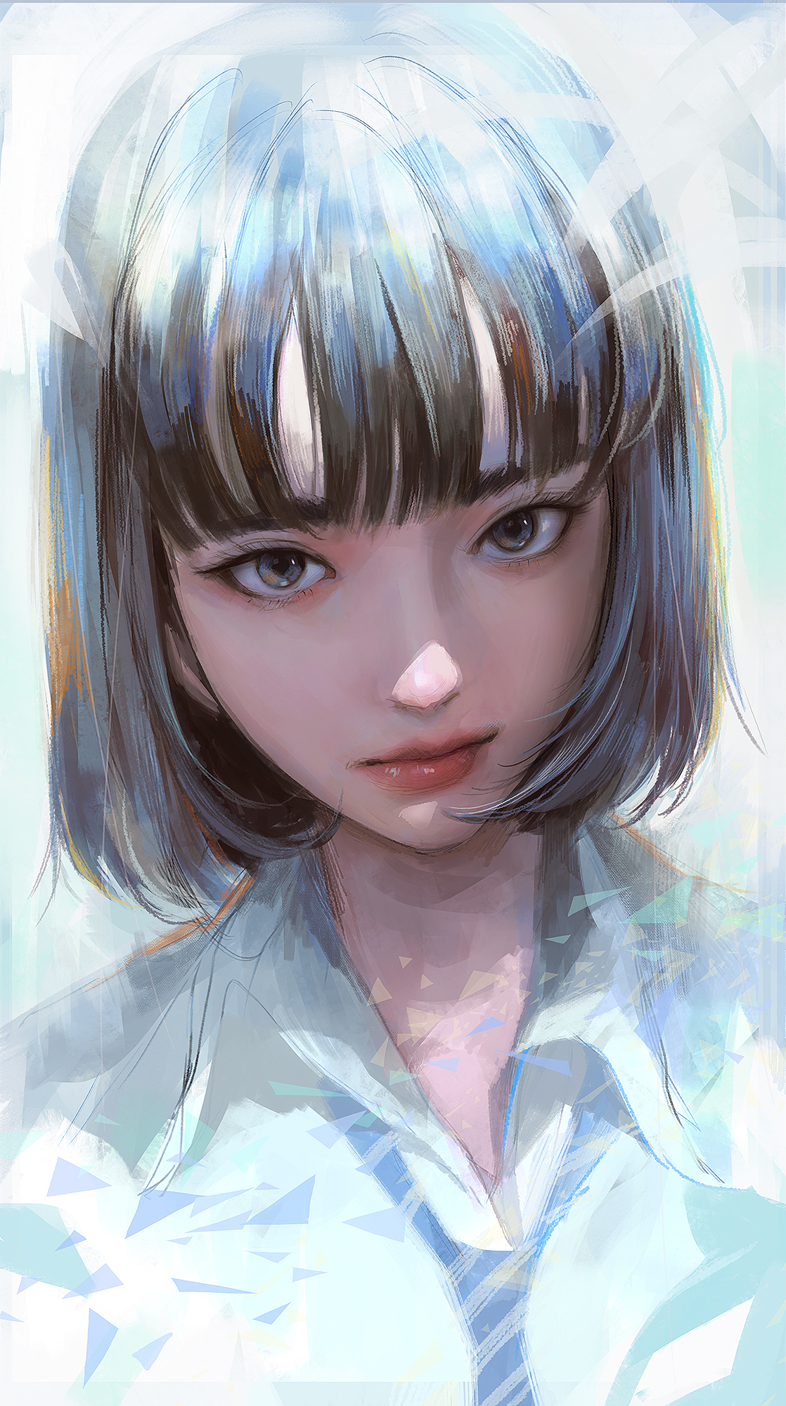 The Big ImageBoard (TBIB) - 1girl blue necktie blunt bangs bob cut brown eyes brown hair closed ...