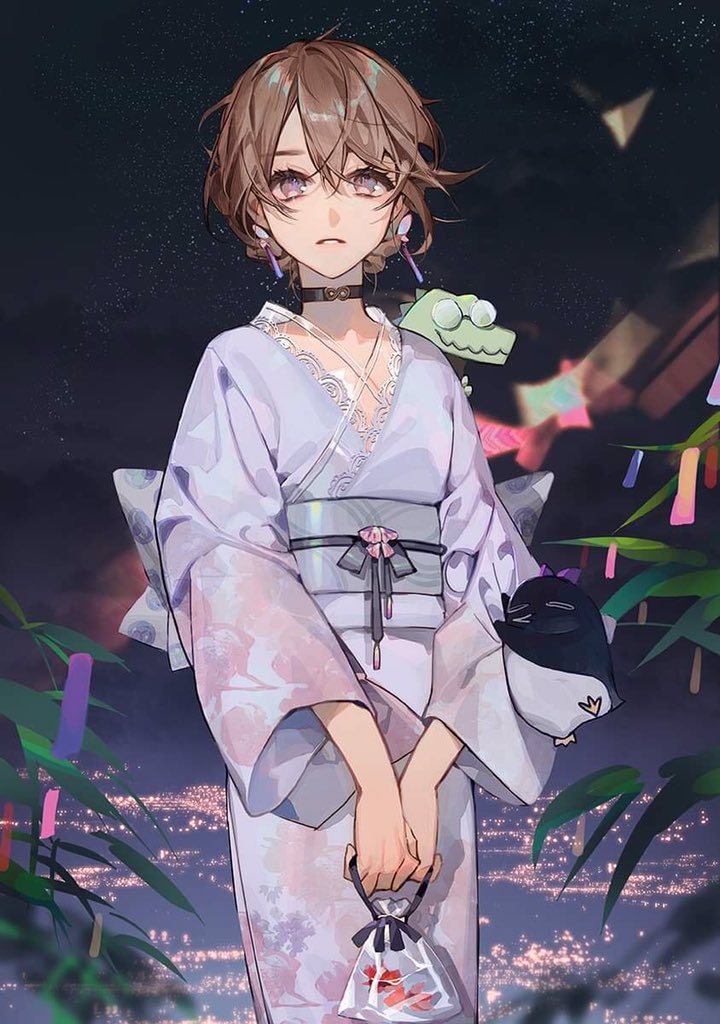 The Big ImageBoard (TBIB) - 1girl bag bagged fish bird black choker blue kimono blurry blurry ...