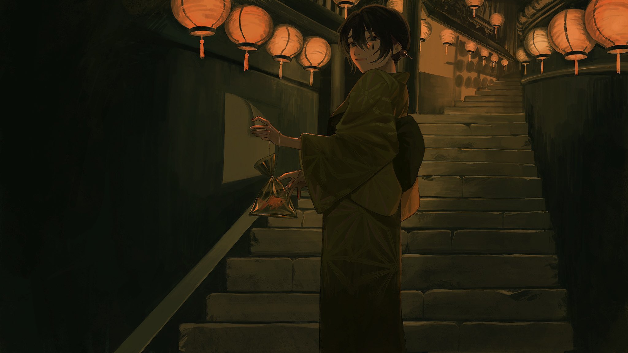 The Big ImageBoard (TBIB) - 1girl bag bagged fish black eyes brown hair closed mouth commentary ...