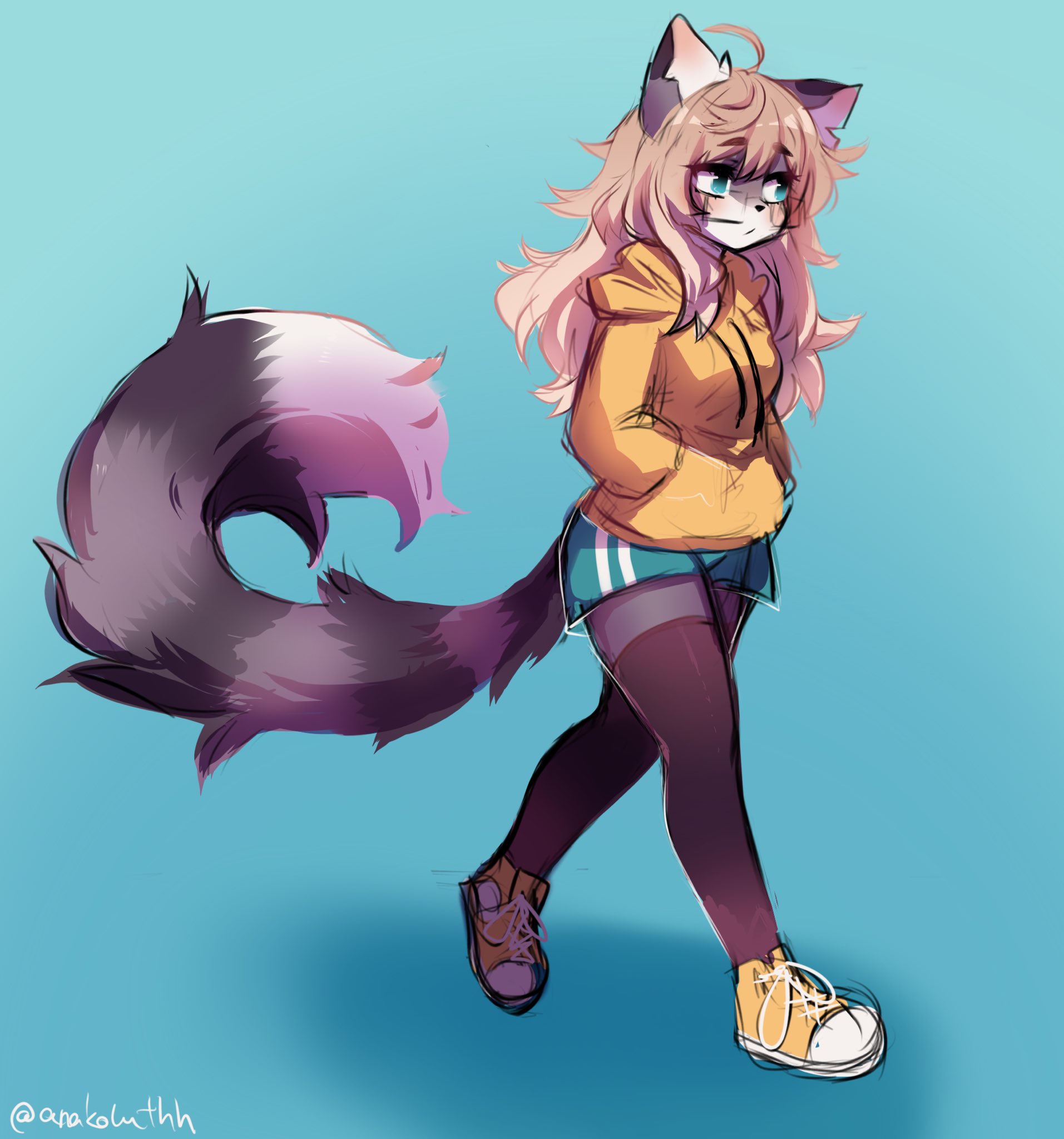 The Big ImageBoard (TBIB) - 1girl ahoge anakoluth animal ears black thighhighs blue background ...