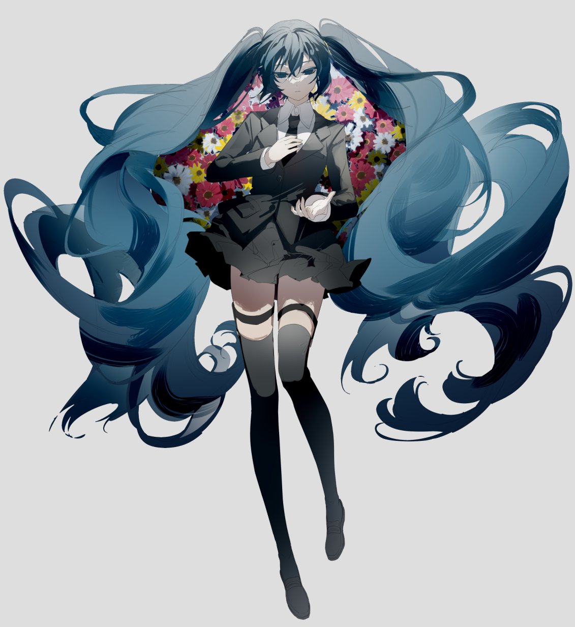 The Big ImageBoard (TBIB) - 1girl aqua eyes aqua hair black clothes black footwear black legwear ...