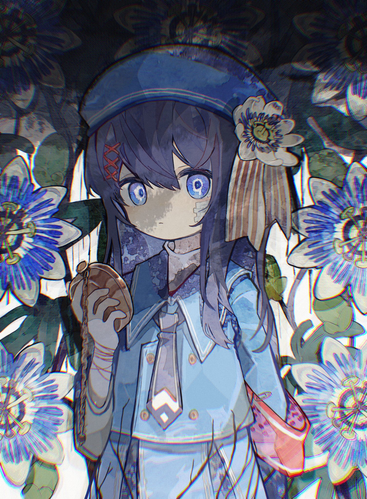 The Big ImageBoard (TBIB) - 1girl arm at side armband beret black necktie blue eyes blue flower ...