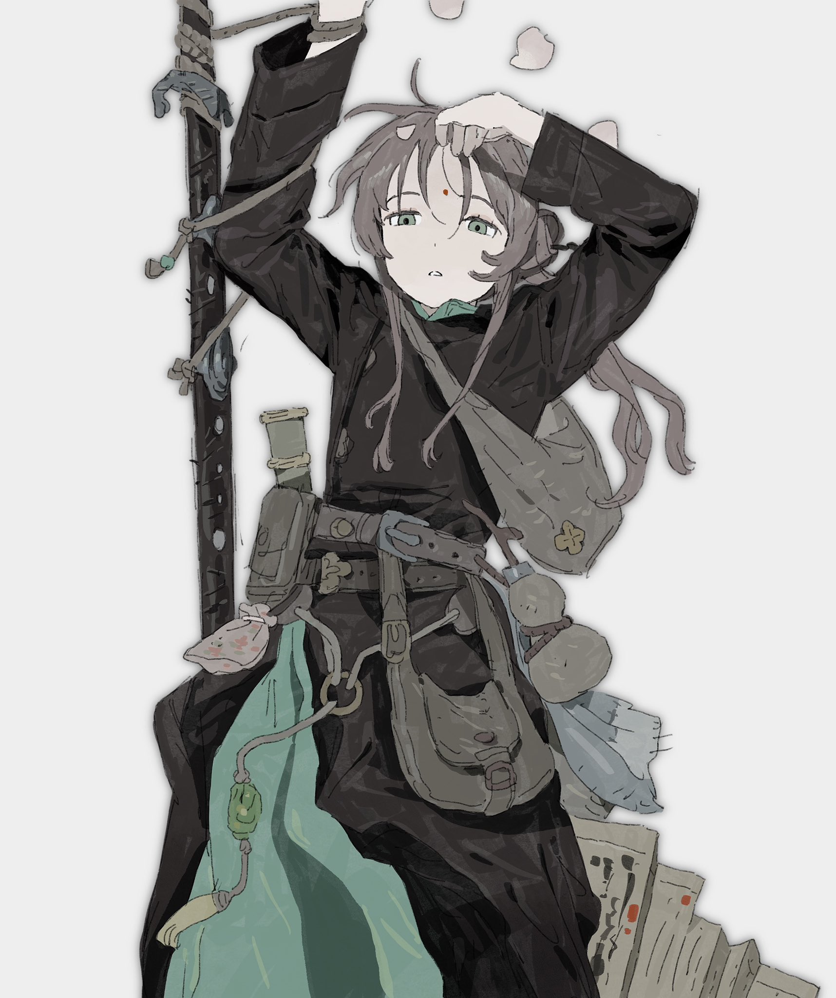 The Big ImageBoard (TBIB) - 1girl arms up bag belt belt pouch bindi black belt black shirt brown ...