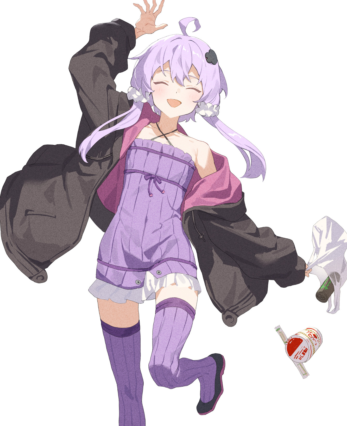 The Big ImageBoard (TBIB) - 1girl ahoge arm up bag black footwear black jacket blush can closed ...