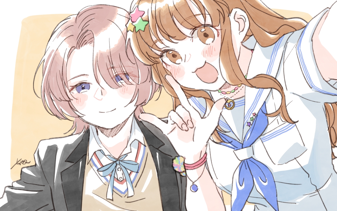 The Big ImageBoard (TBIB) - 2girls \m/ arimura mao asymmetrical bangs black jacket blue ...