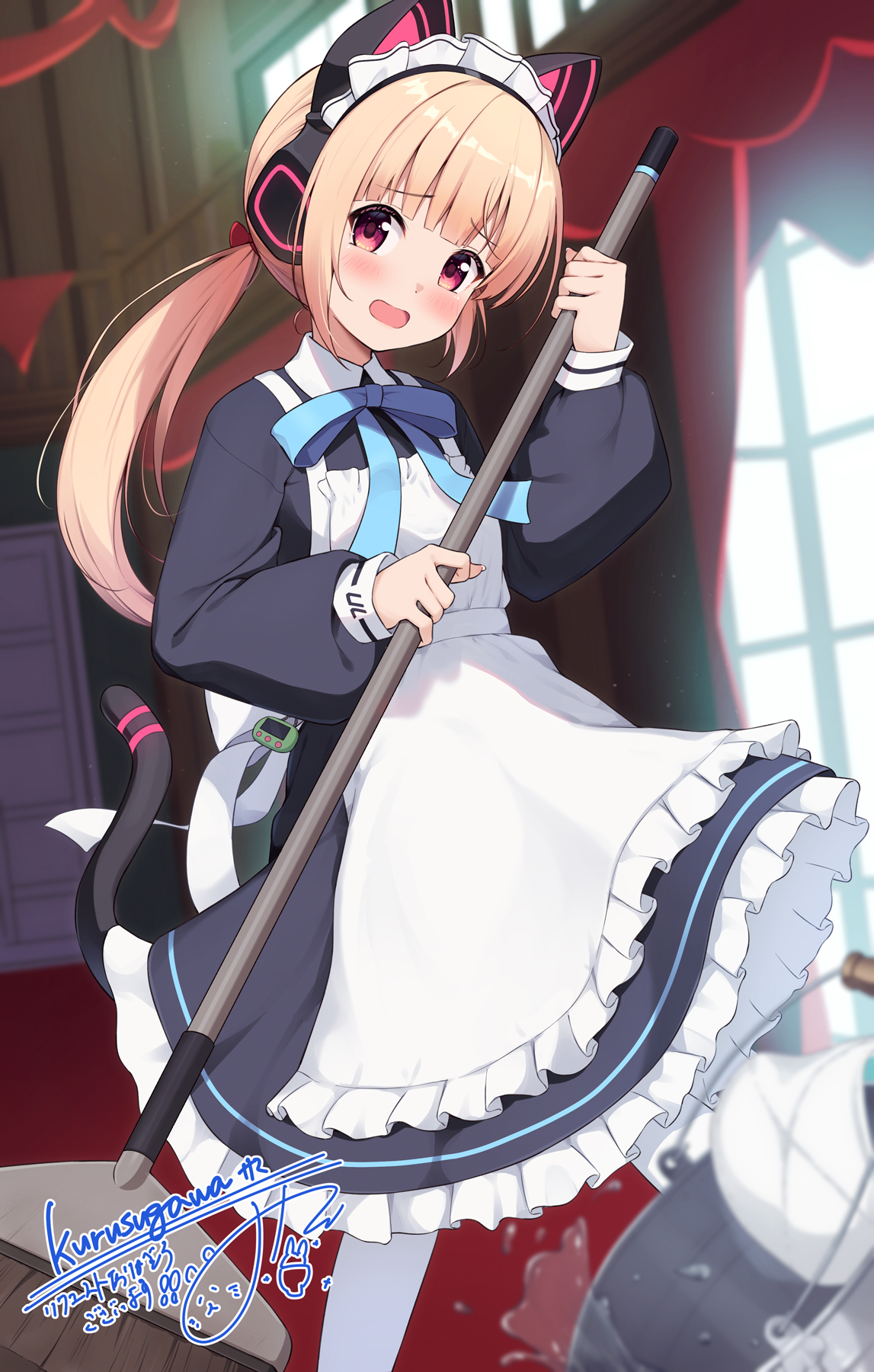 The Big ImageBoard (TBIB) - 1girl animal ear headphones animal ears apron black dress blonde ...