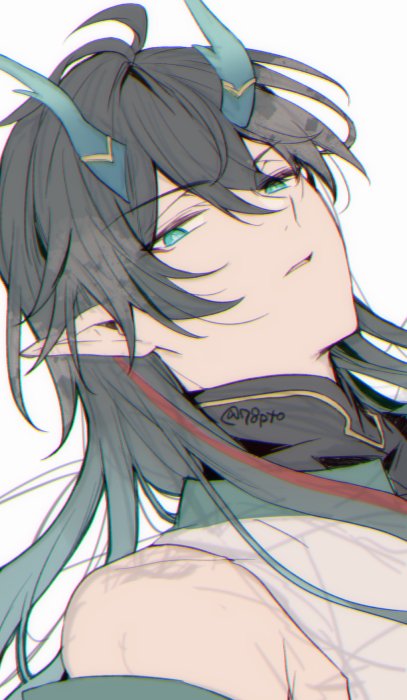 The Big ImageBoard (TBIB) - 1boy antenna hair aqua eyes aqua horns bare shoulders black hair ...