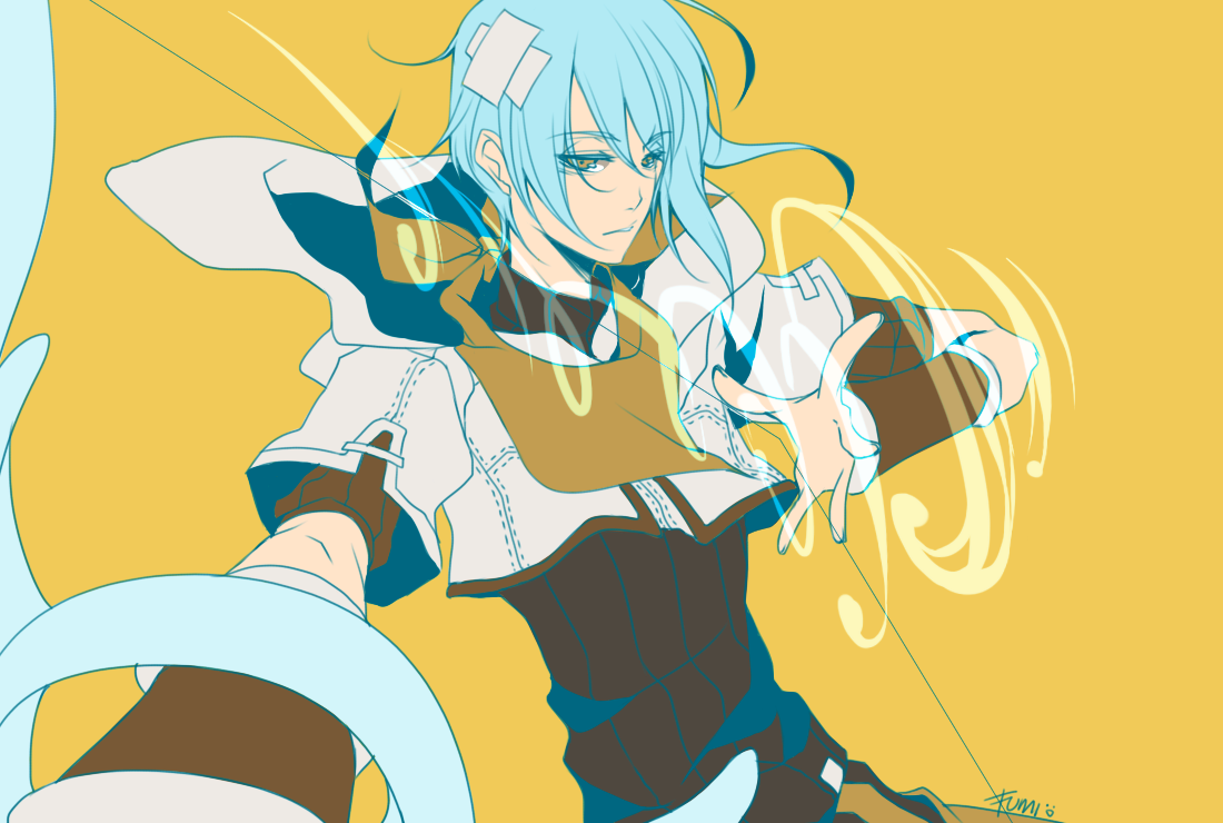 The Big ImageBoard (TBIB) - 1boy blue hair bow (weapon) brown shirt closed mouth commentary ...