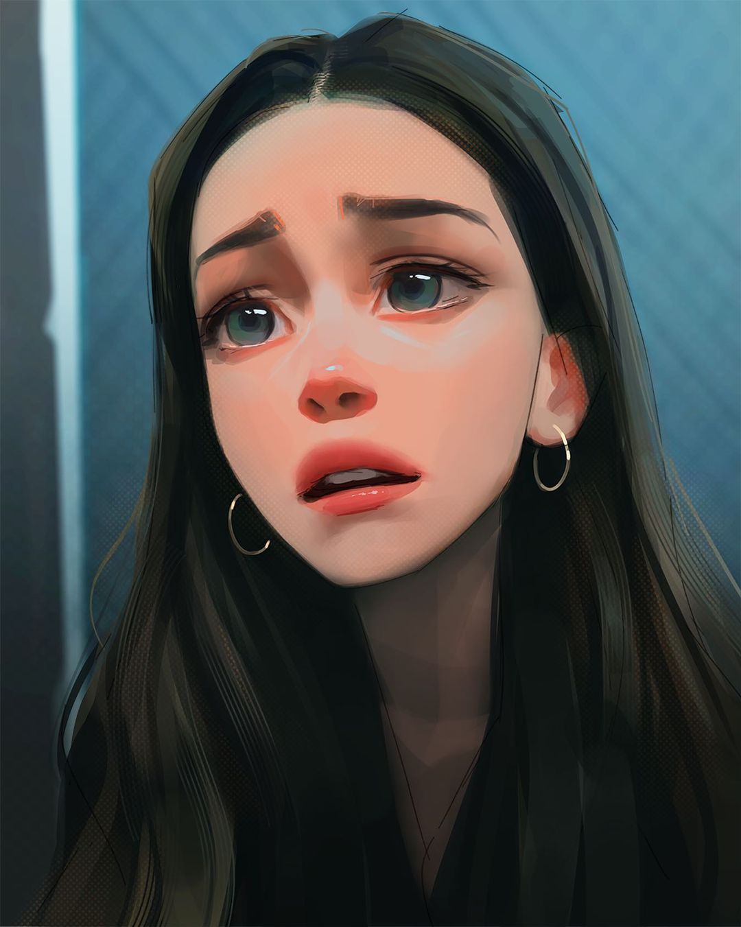 The Big ImageBoard (TBIB) - 1girl black hair blue eyes blurry blurry background earrings highres ...