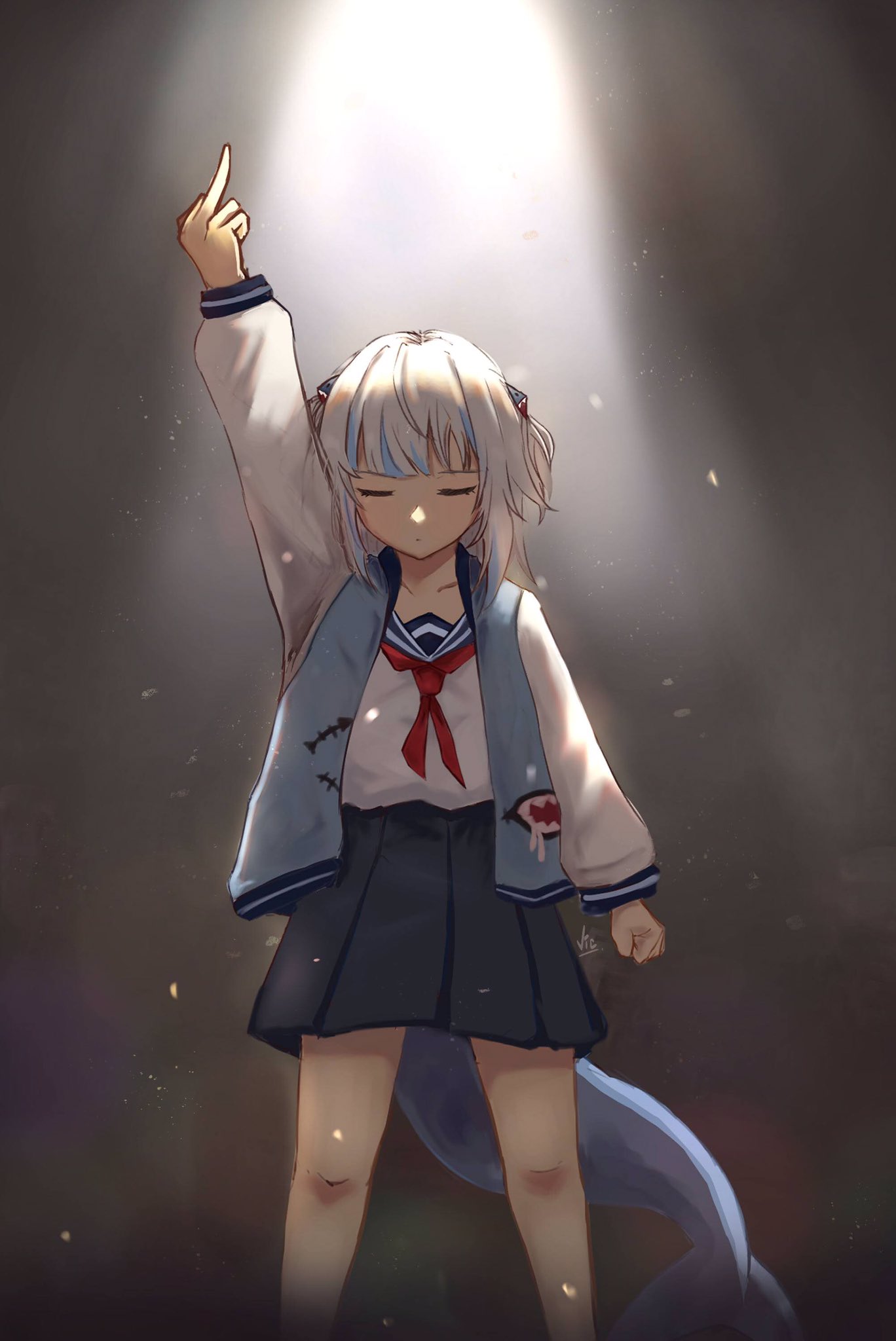 The Big ImageBoard (TBIB) - 1girl arm up blue hair clenched hand closed ...