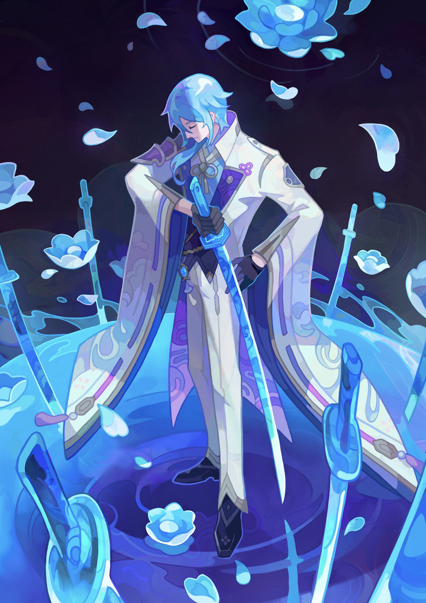 The Big ImageBoard (TBIB) - 1boy bishounen blue hair closed eyes closed mouth flower genshin ...