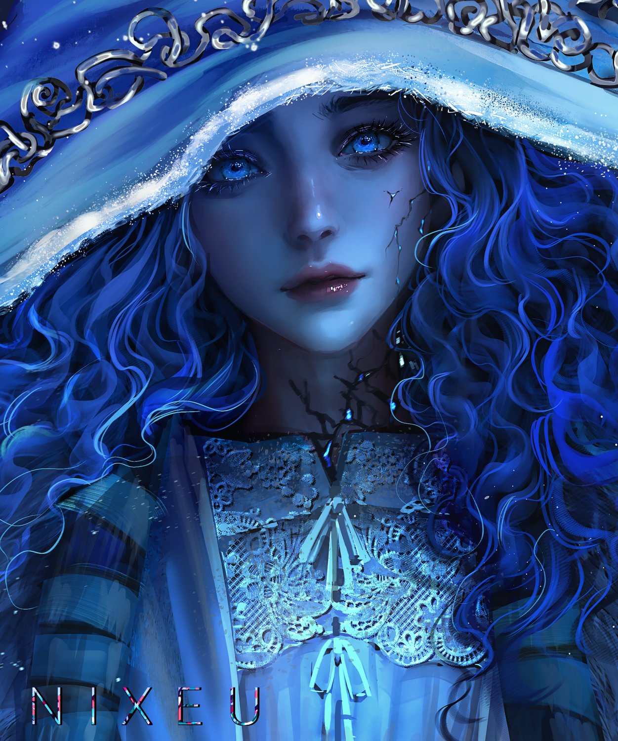 The Big ImageBoard (TBIB) - 1girl blue eyes blue hair blue skin cloak colored skin cracked skin ...