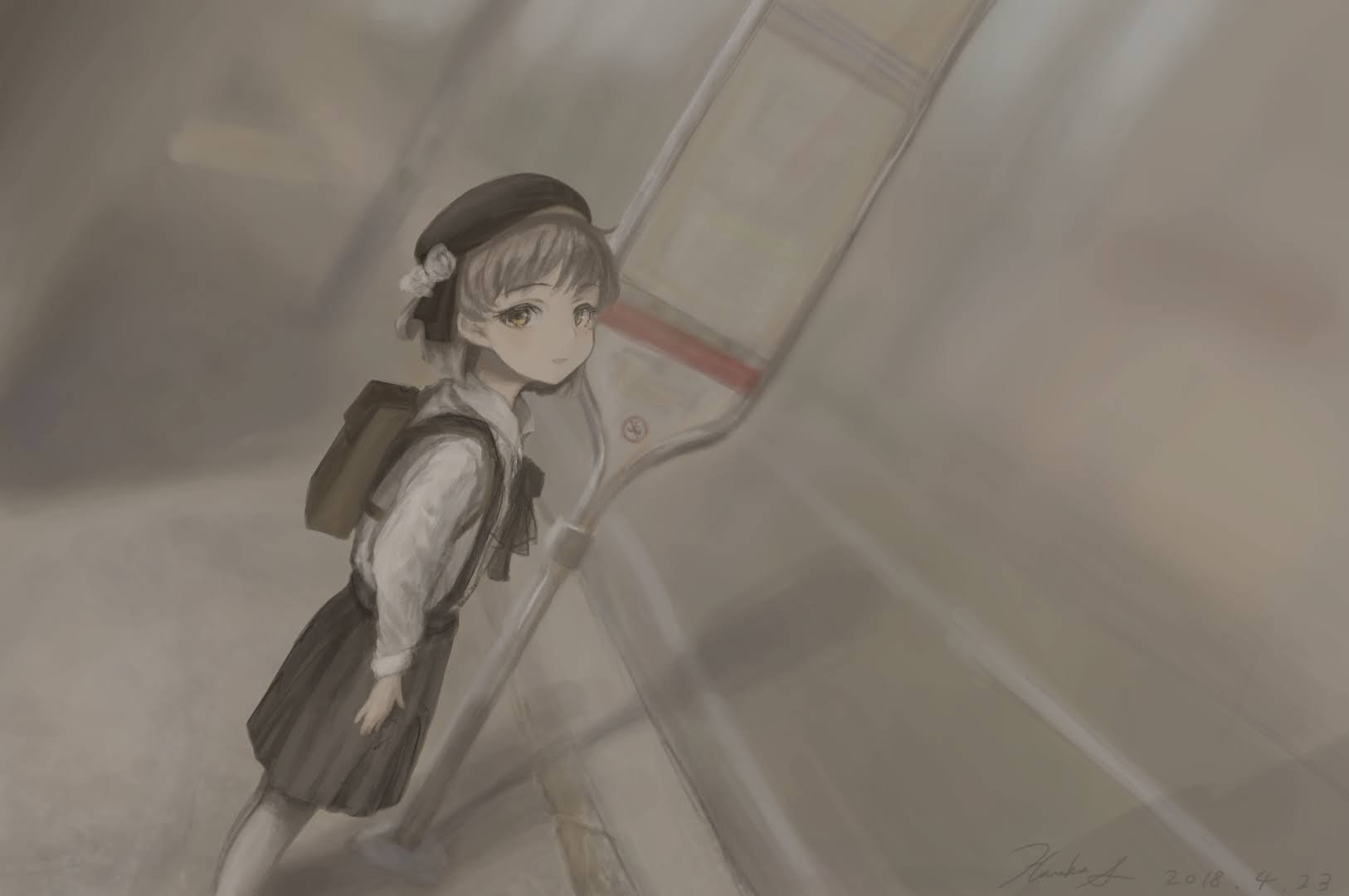 The Big ImageBoard (TBIB) - 1girl backpack bag bangs beret black headwear black skirt blurry ...