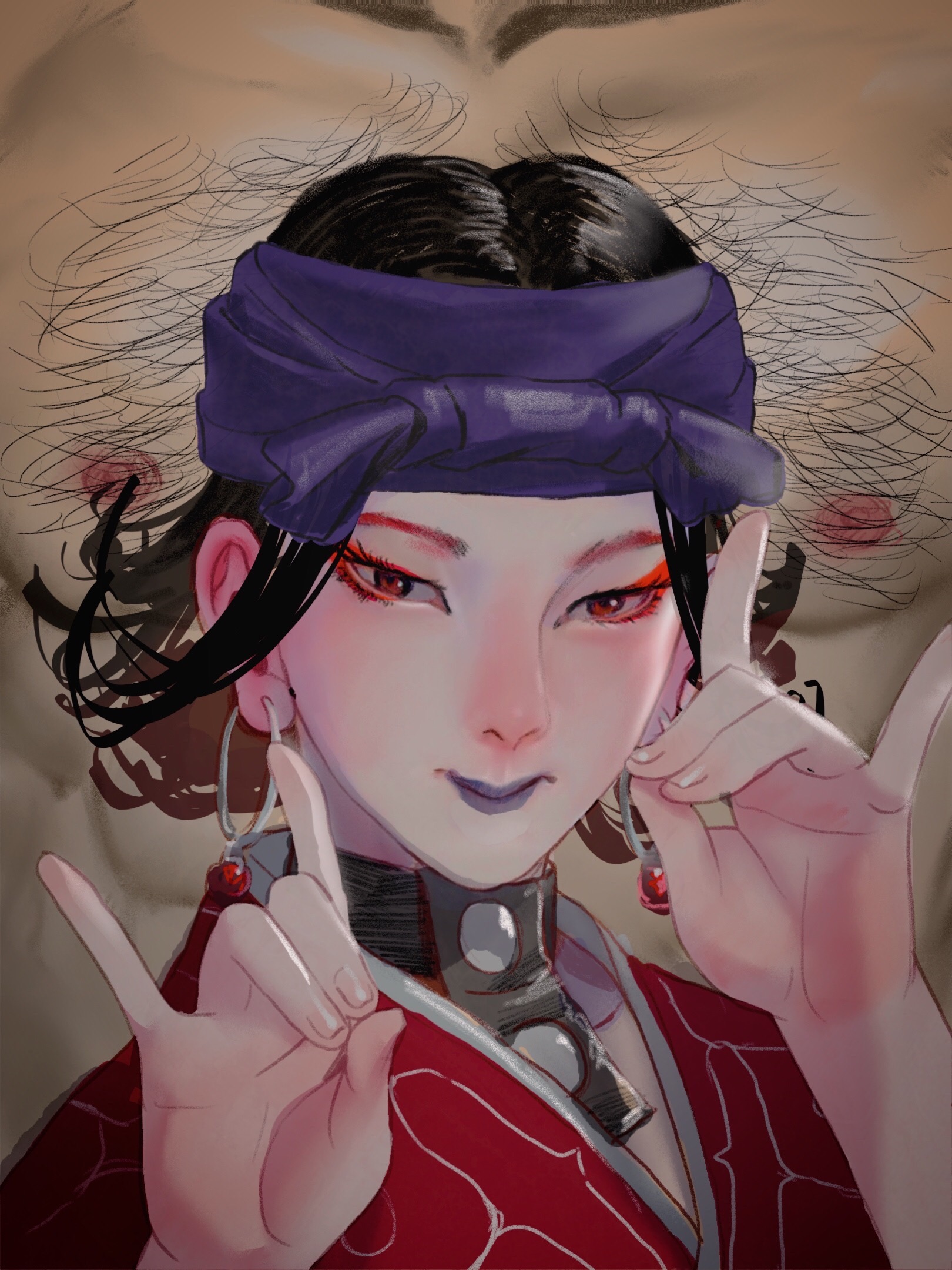 The Big ImageBoard (TBIB) - 1boy 1girl black hair blue lips chest hair earrings fox shadow ...