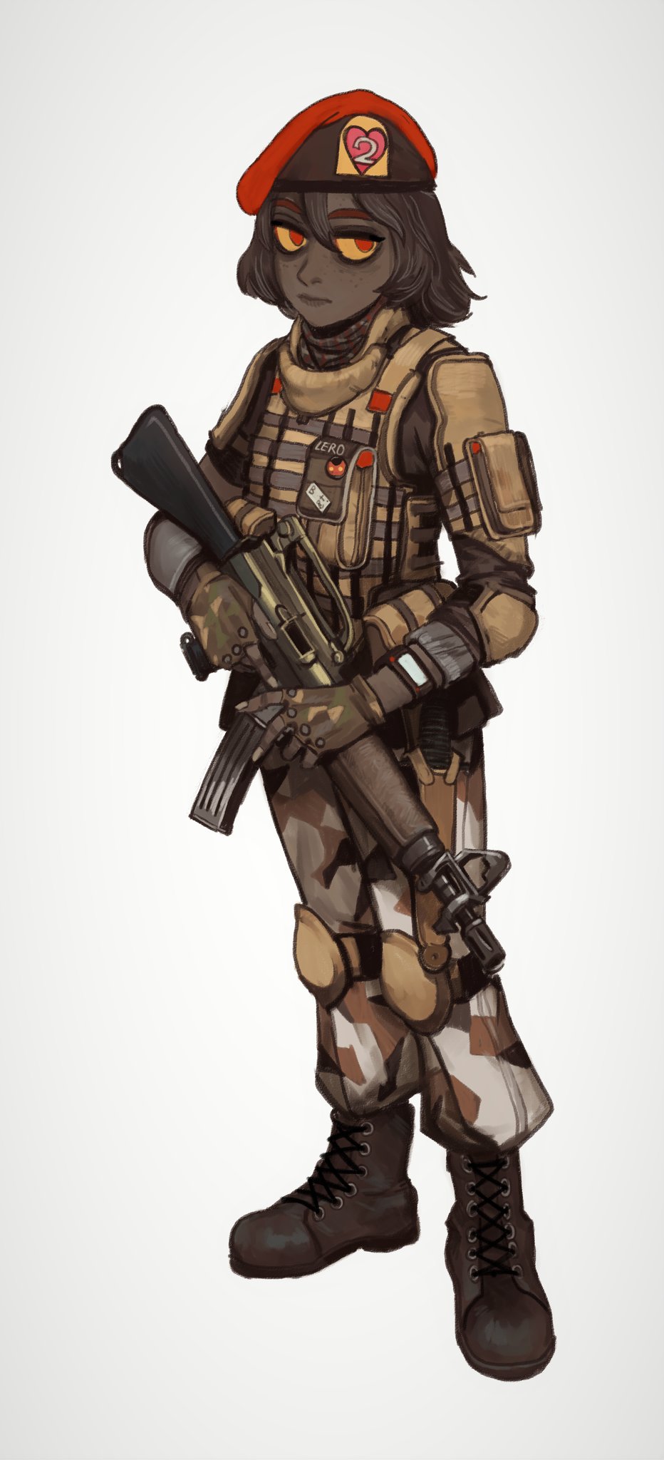 The Big ImageBoard (TBIB) - 1girl ankle boots assault rifle beret black hair boots borrowed ...