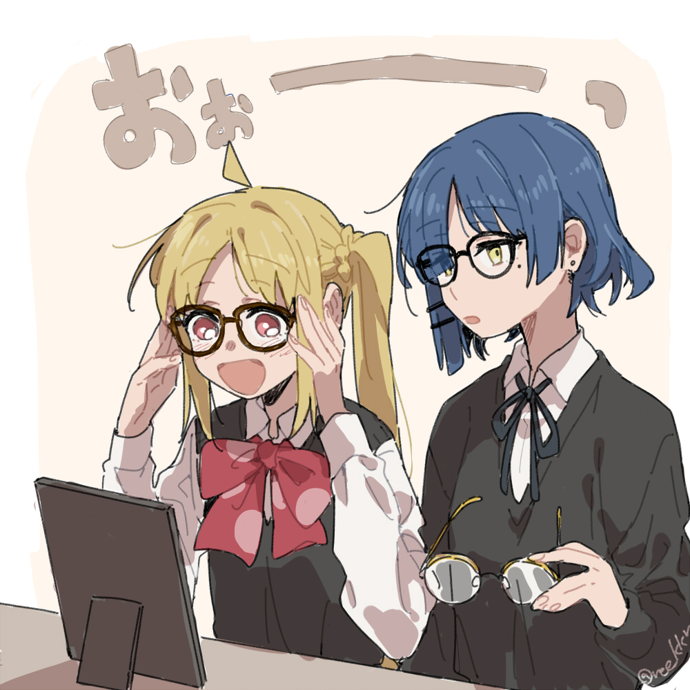 The Big ImageBoard (TBIB) - 2girls adjusting eyewear ahoge bespectacled black sweater blonde ...