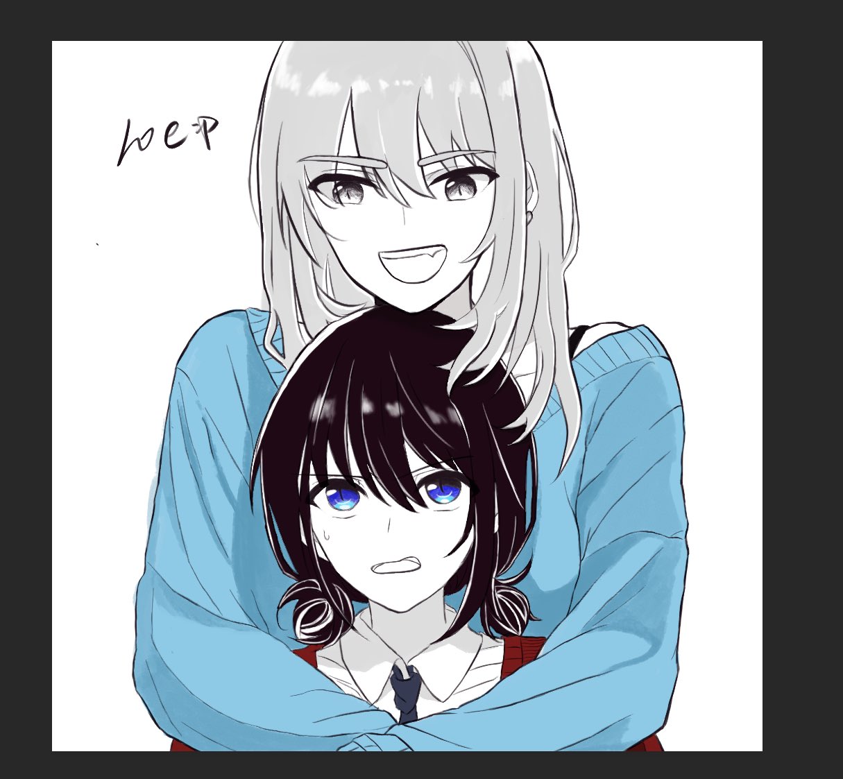 The Big ImageBoard (TBIB) - 2girls black hair blue eyes blue necktie blue sweater border chinese ...