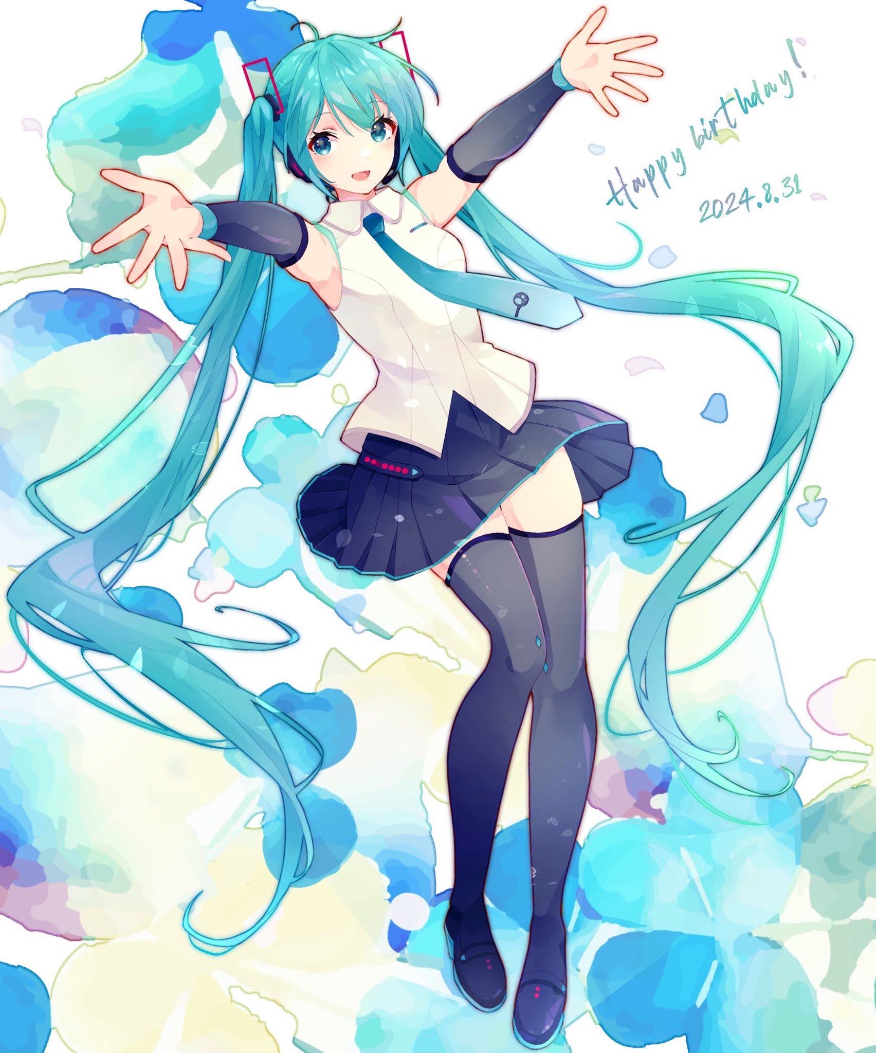 The Big ImageBoard (TBIB) - 1girl aqua eyes aqua hair black skirt black thighhighs blue necktie ...