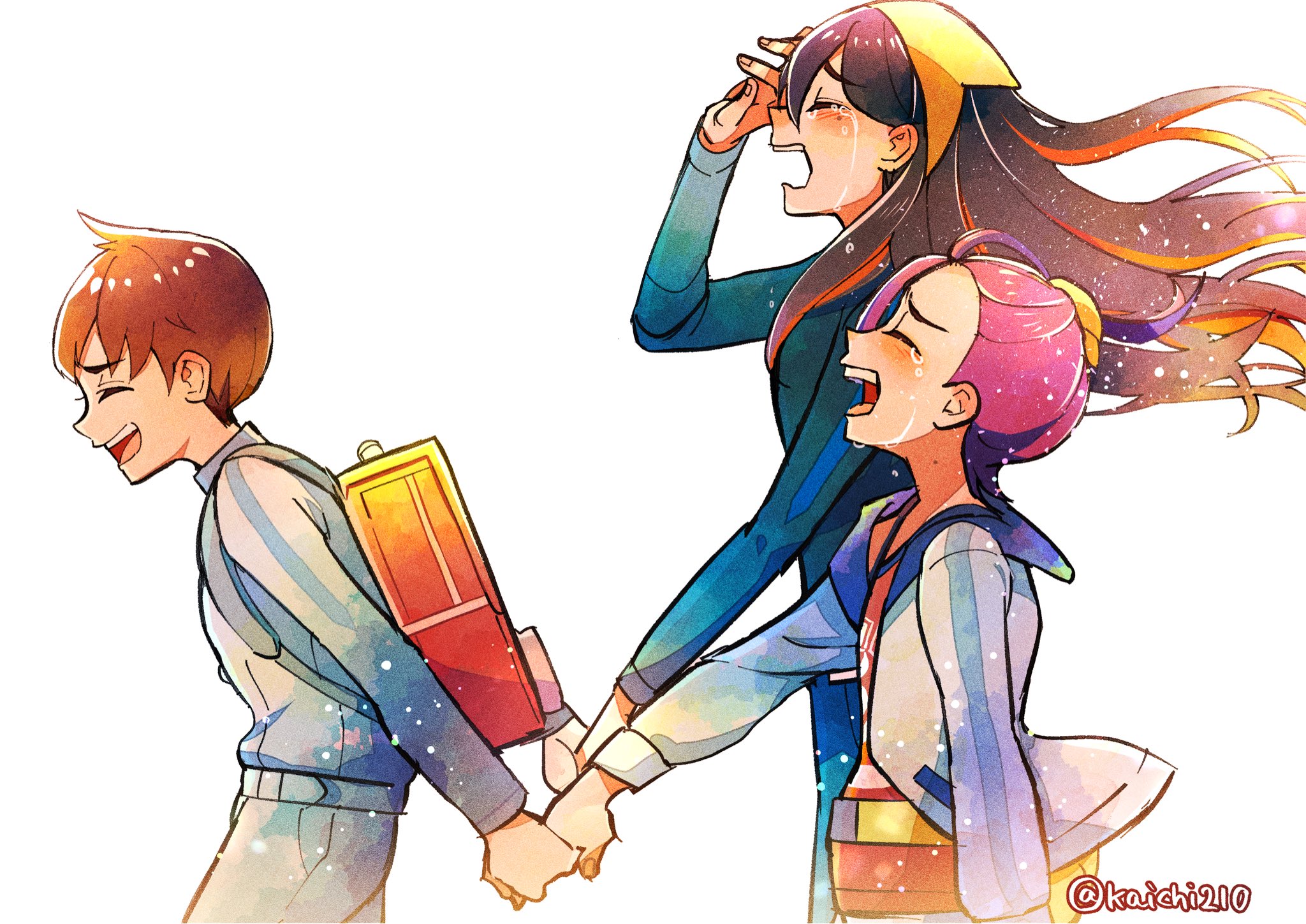 The Big ImageBoard (TBIB) - 1girl 2boys backpack bag black hair blue jacket brother and sister ...