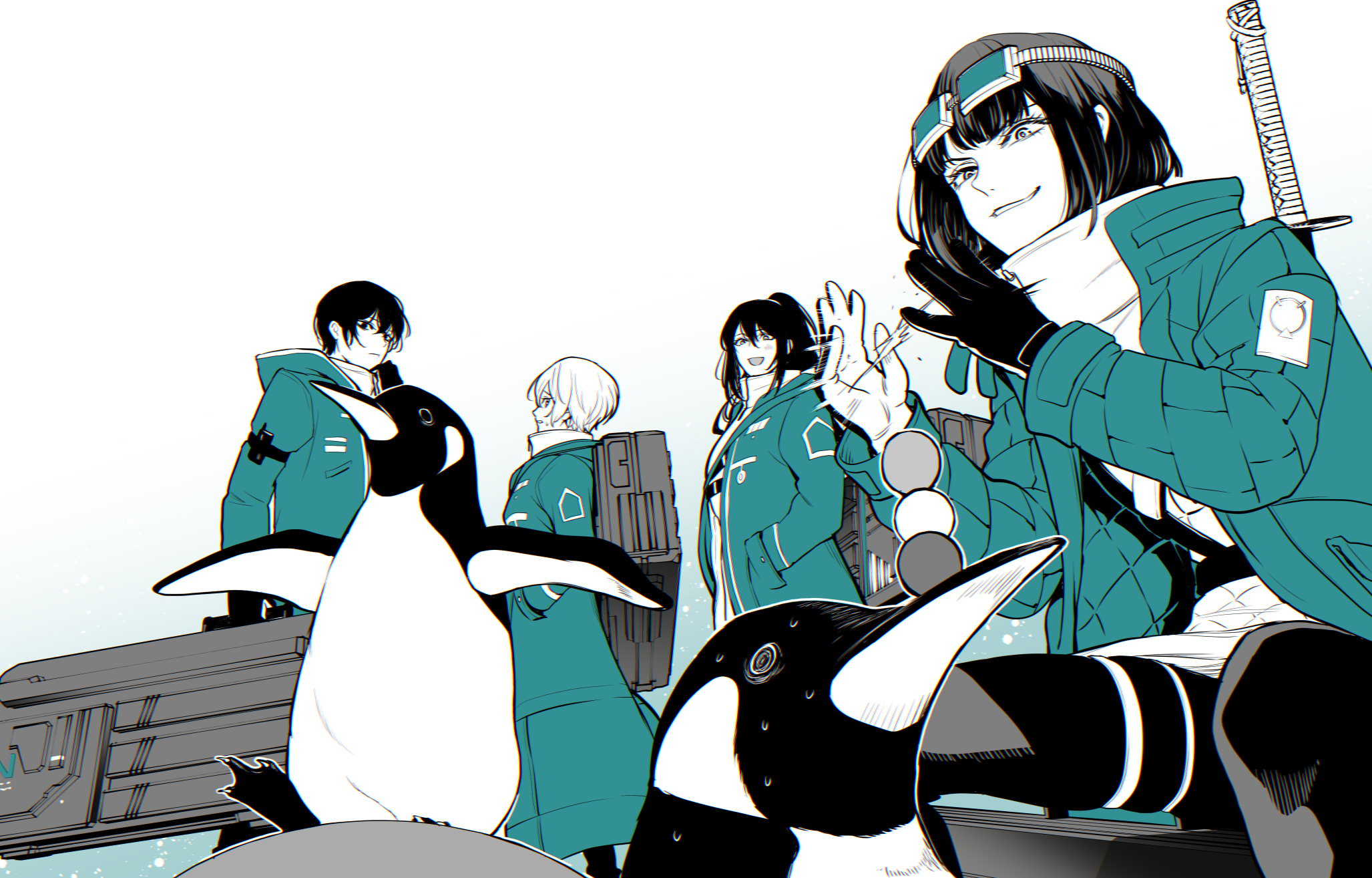 The Big ImageBoard (TBIB) - 2boys 2girls bird black hair blue jacket ...