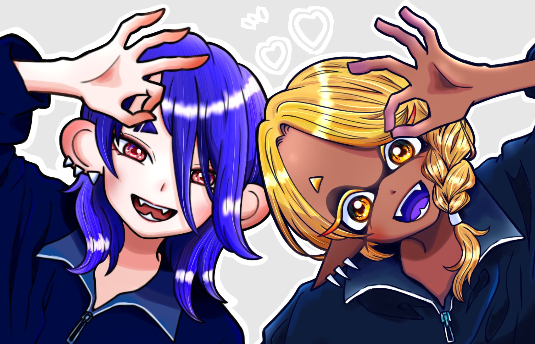 The Big ImageBoard (TBIB) - 2girls arm up black jacket blonde hair blue hair braid dark-skinned ...