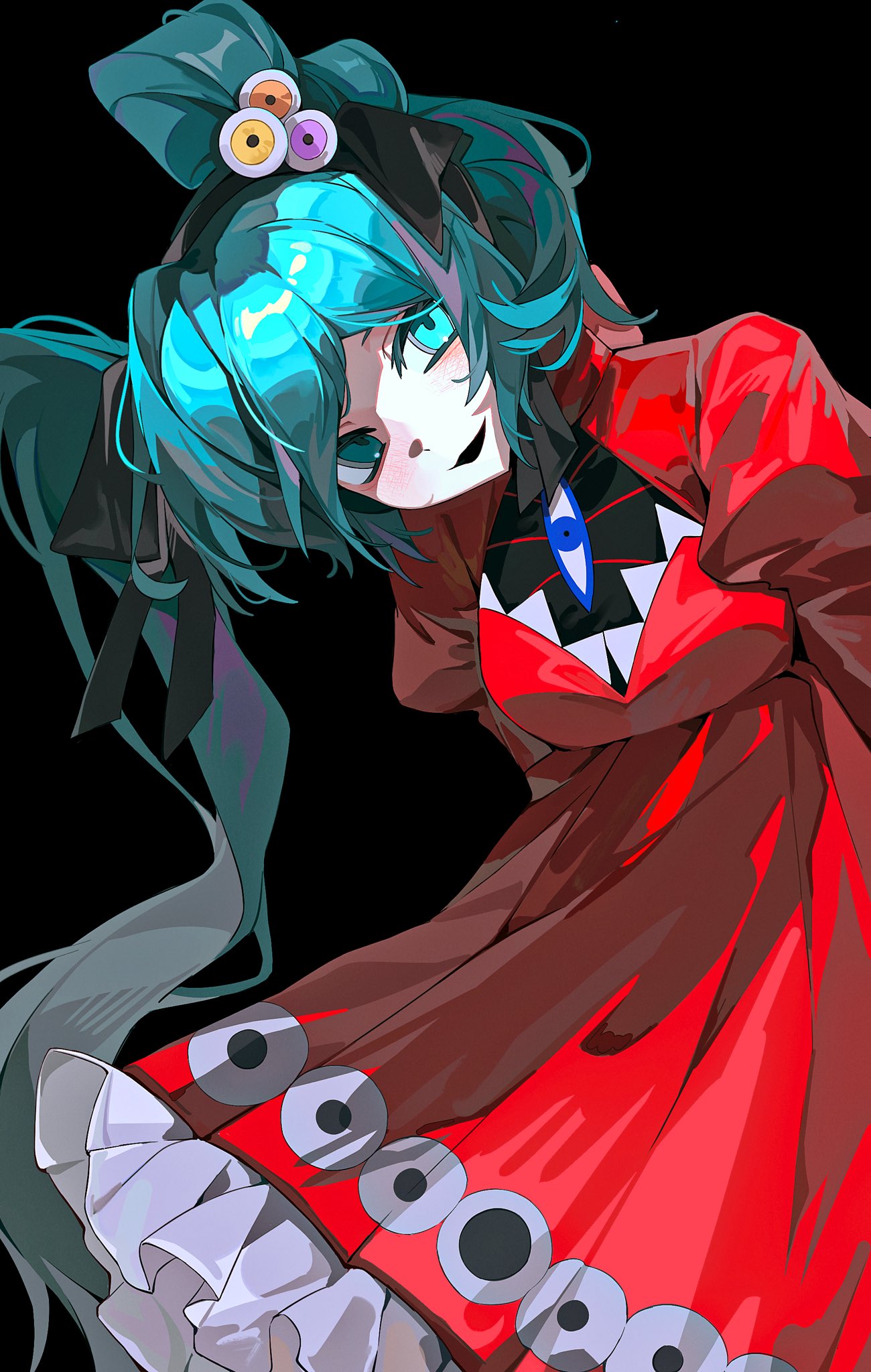 The Big ImageBoard (TBIB) - 1girl aqua eyes aqua hair black background black bow bow cowboy shot ...