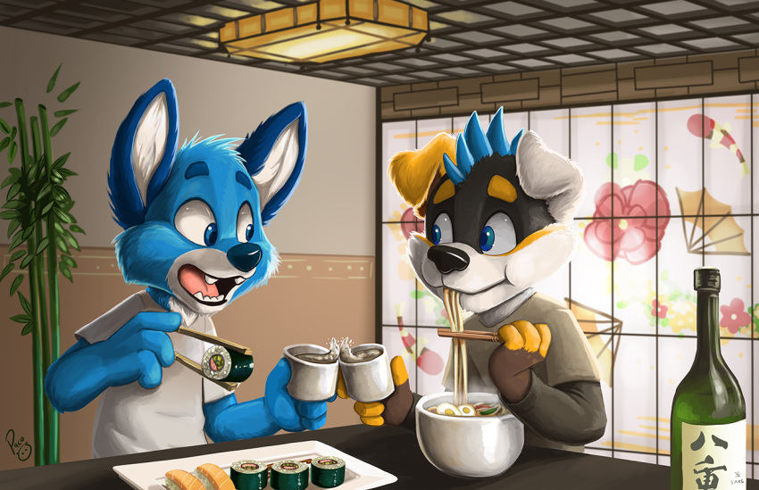 The Big ImageBoard (TBIB) - alcohol anthro beverage canid canine canis chopsticks clothed ...