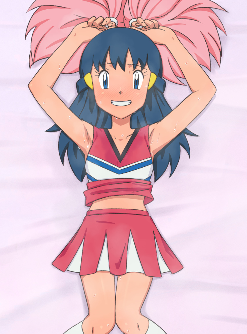 The Big ImageBoard (TBIB) - 1girl absurdres armpits arms up bed sheet black hair blue eyes blush ...