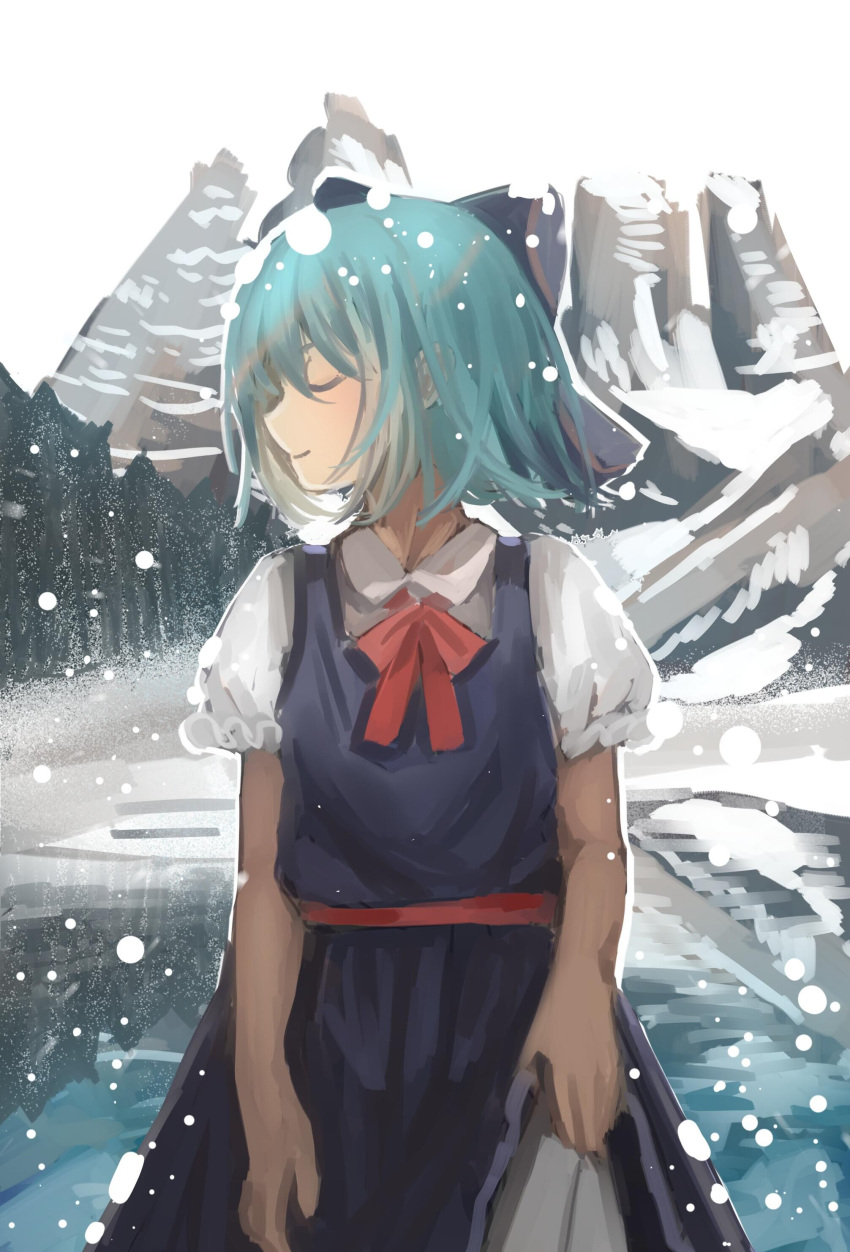 The Big ImageBoard (TBIB) - 1girl absurdres blue bow blue dress blue hair bow cirno closed eyes ...