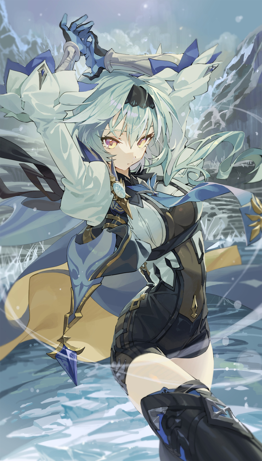 The Big Imageboard Tbib 1girl Absurdres Arm Guards Arms Up Bangs