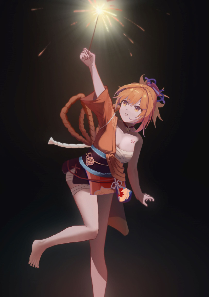 The Big ImageBoard (TBIB) - 1girl :d absurdres arm up barefoot black background breasts cleavage ...