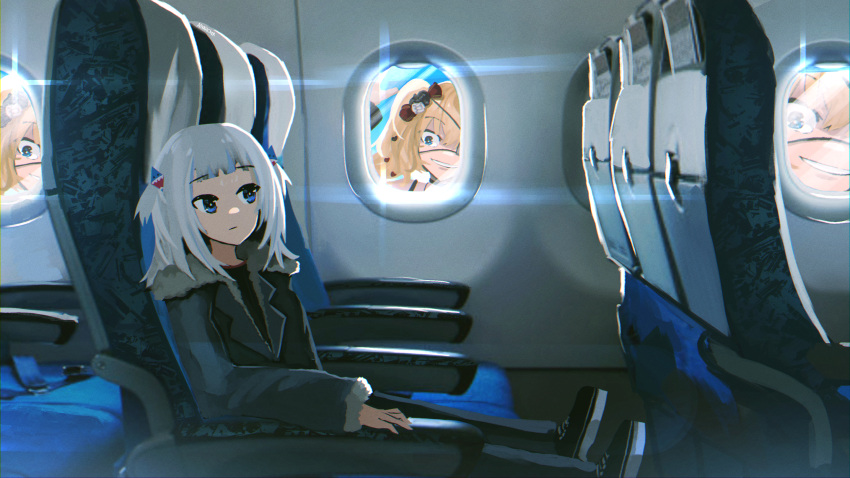 The Big ImageBoard (TBIB) - 2girls advarcher against glass aircraft airplane airplane interior ...