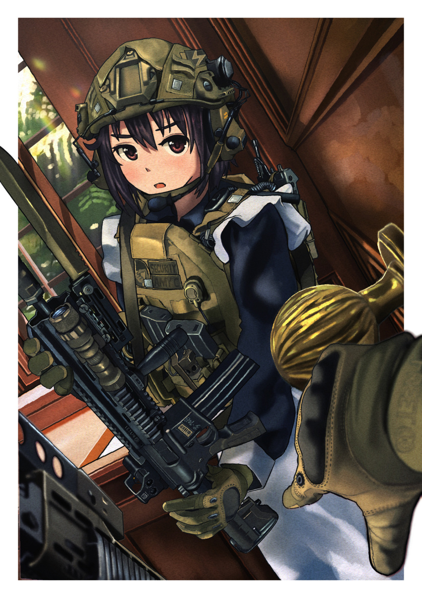 The Big ImageBoard (TBIB) - 1boy 1girl assault rifle border brown eyes brown hair bulletproof ...
