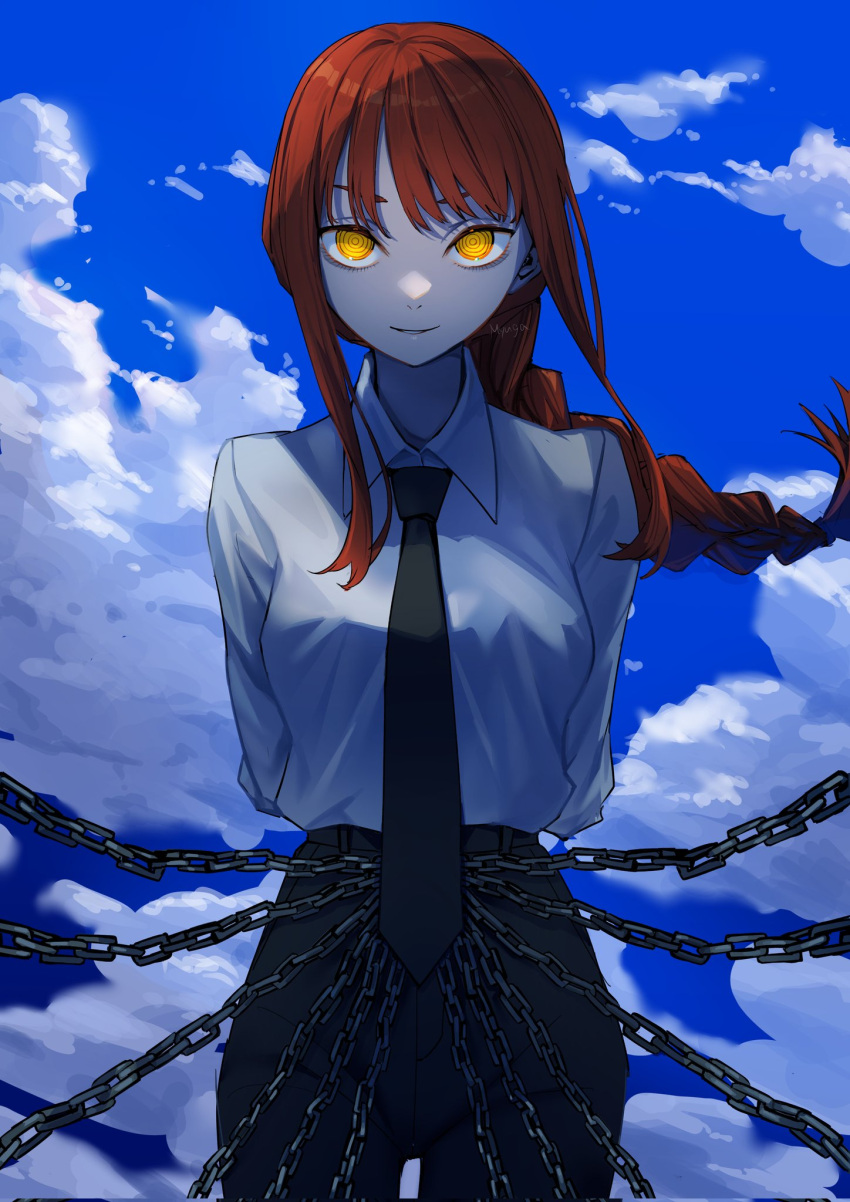 The Big Imageboard Tbib 1girl Arms Behind Back Bangs Black Necktie Black Pants Braid Chain