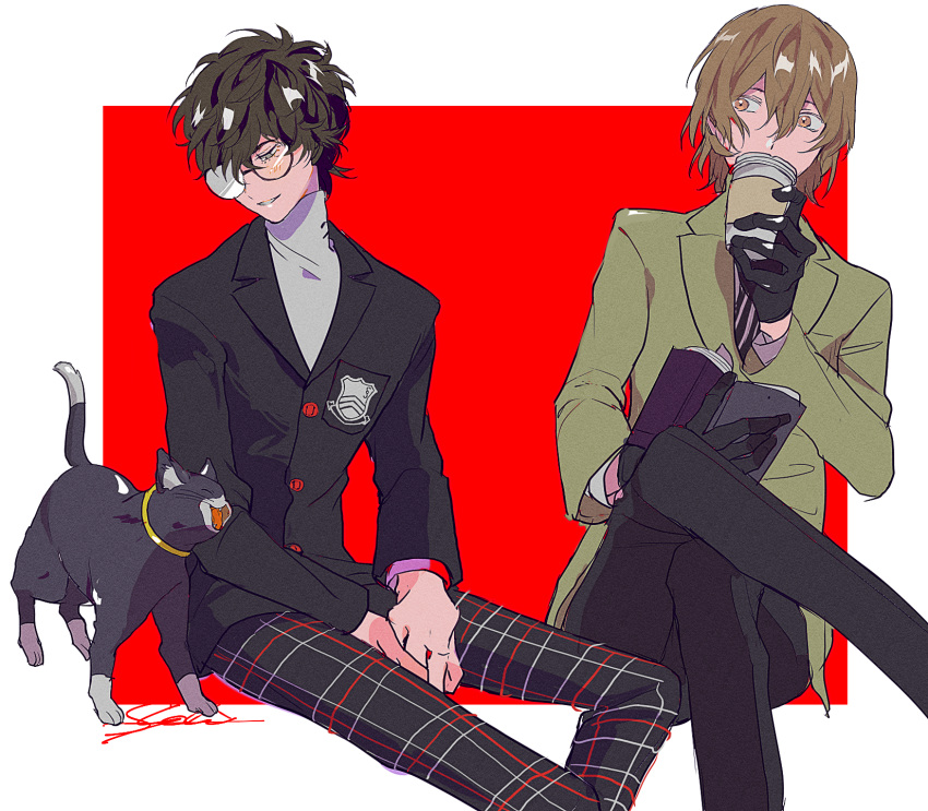 The Big ImageBoard (TBIB) - 2boys akechi gorou amamiya ren bangs black hair book brown hair cat ...