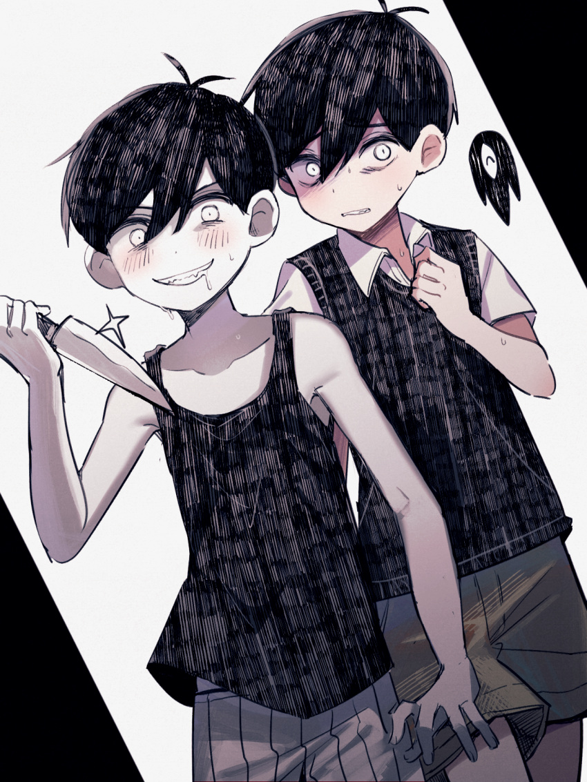 The Big ImageBoard (TBIB) - 2boys bangs bare shoulders black background ...