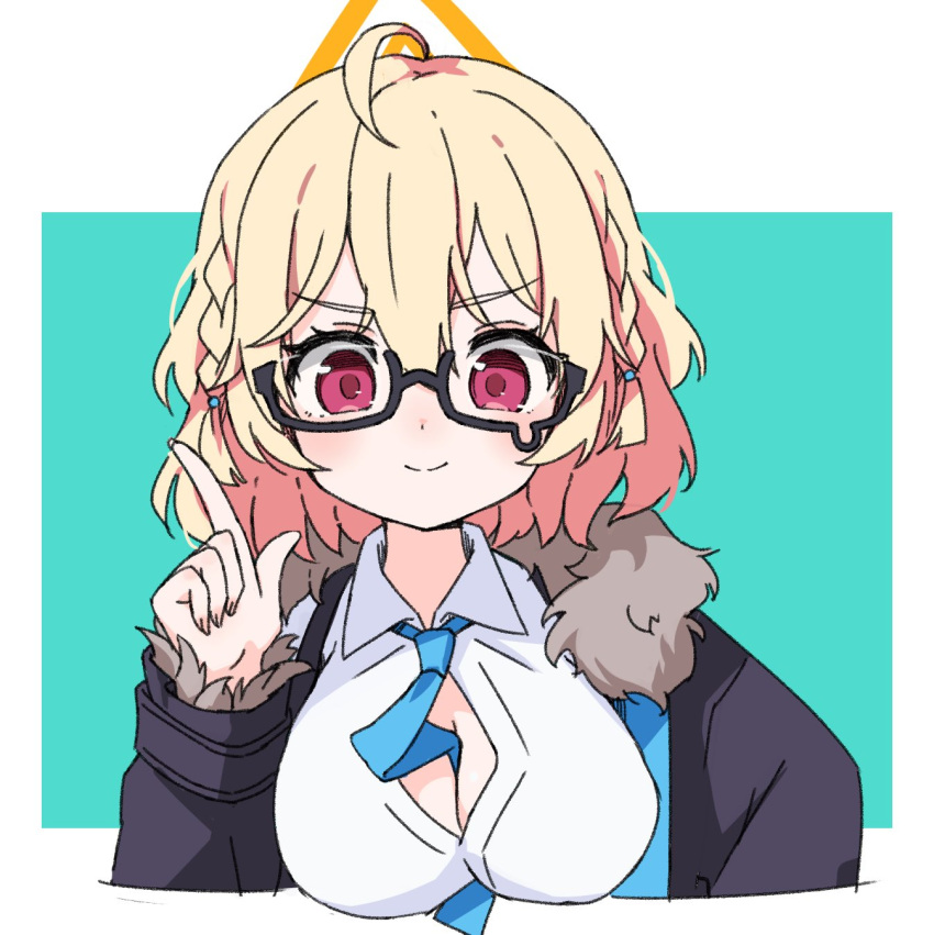 The Big ImageBoard (TBIB) - 1girl aqua background between breasts black-framed eyewear blonde ...