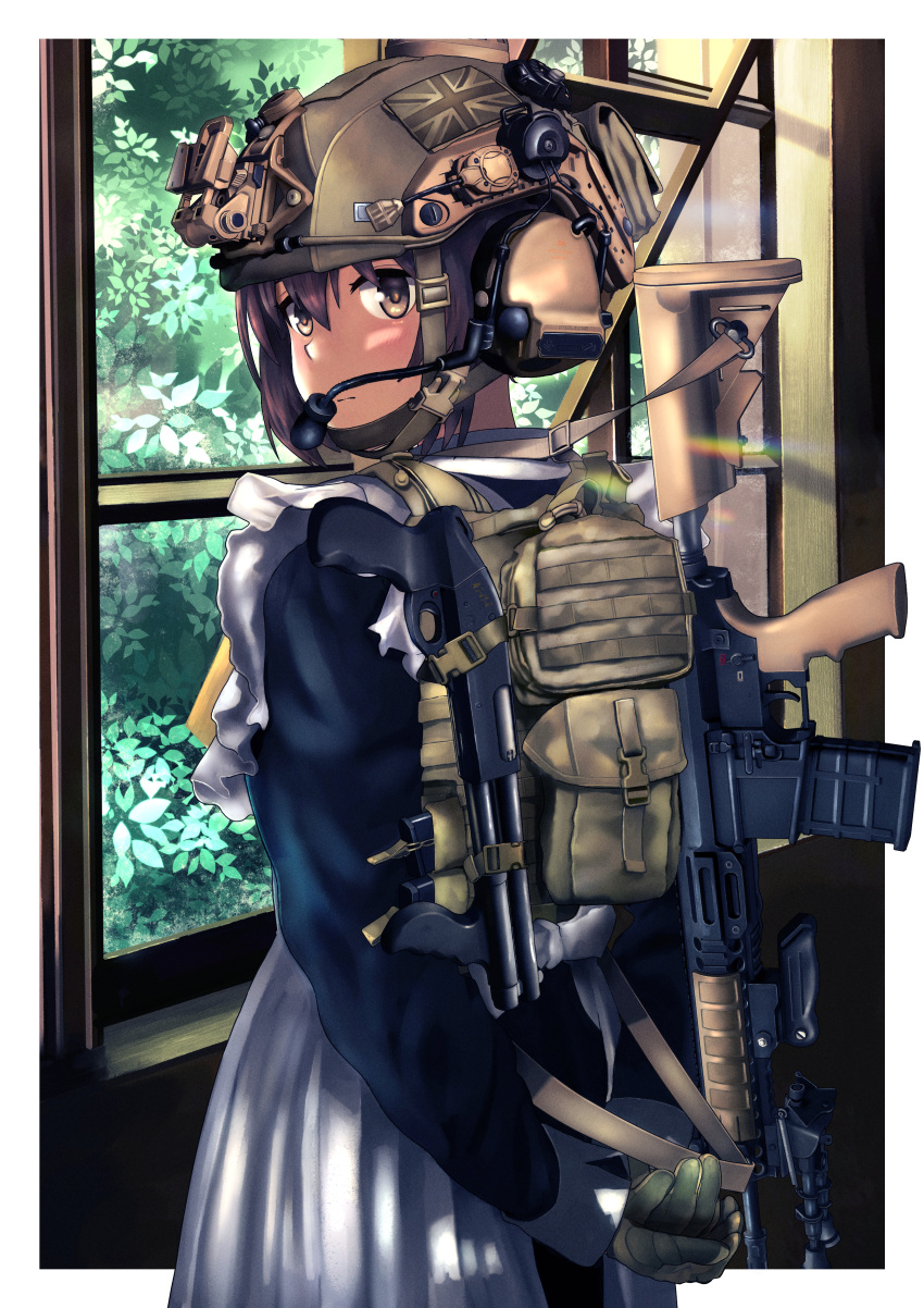 The Big ImageBoard (TBIB) - 1girl absurdres assault rifle border brown eyes brown hair combat ...