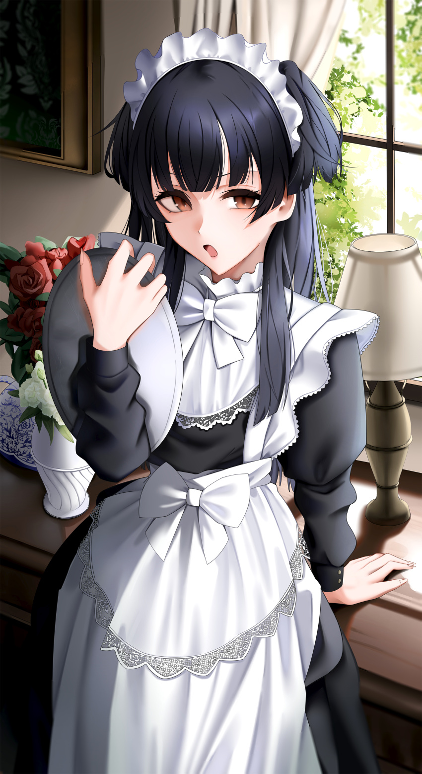 The Big ImageBoard (TBIB) - 1girl :o absurdres alternate costume apron arm support black dress ...
