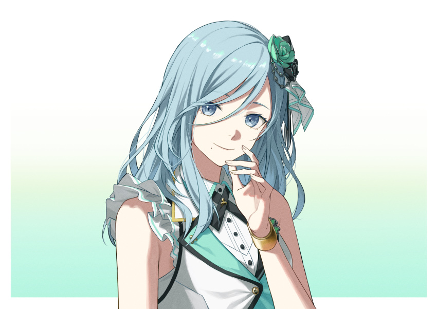 The Big ImageBoard (TBIB) - 1girl aqua background aqua flower aqua rose aqua vest arms at sides ...