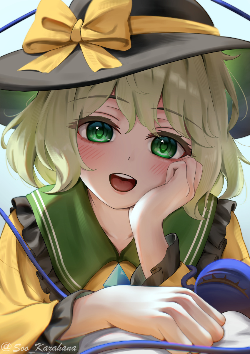 The Big ImageBoard (TBIB) - 1girl :d absurdres backlighting black hat blue background blush bow ...