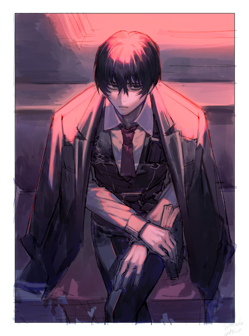 The Big ImageBoard (TBIB) - 1boy black coat black eyes black hair black pants black vest book ...