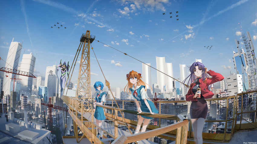 The Big ImageBoard (TBIB) - 3girls absurdres against railing aircraft ...