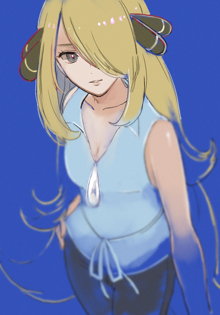 The Big ImageBoard (TBIB) - 1girl bare shoulders black pants blonde hair blue background blue ...