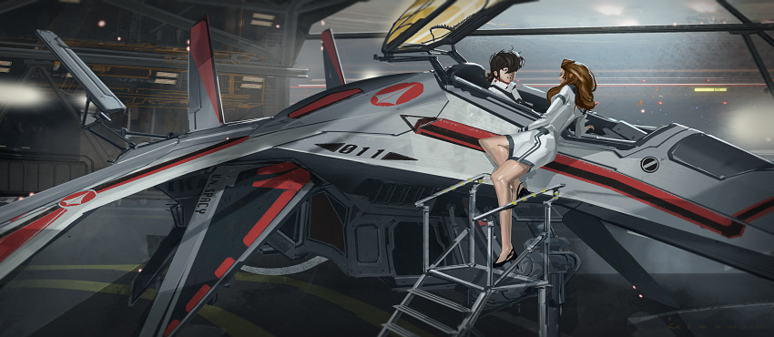 The Big ImageBoard (TBIB) - 1boy 1girl aircraft airplane black hair brown hair canards choujikuu ...