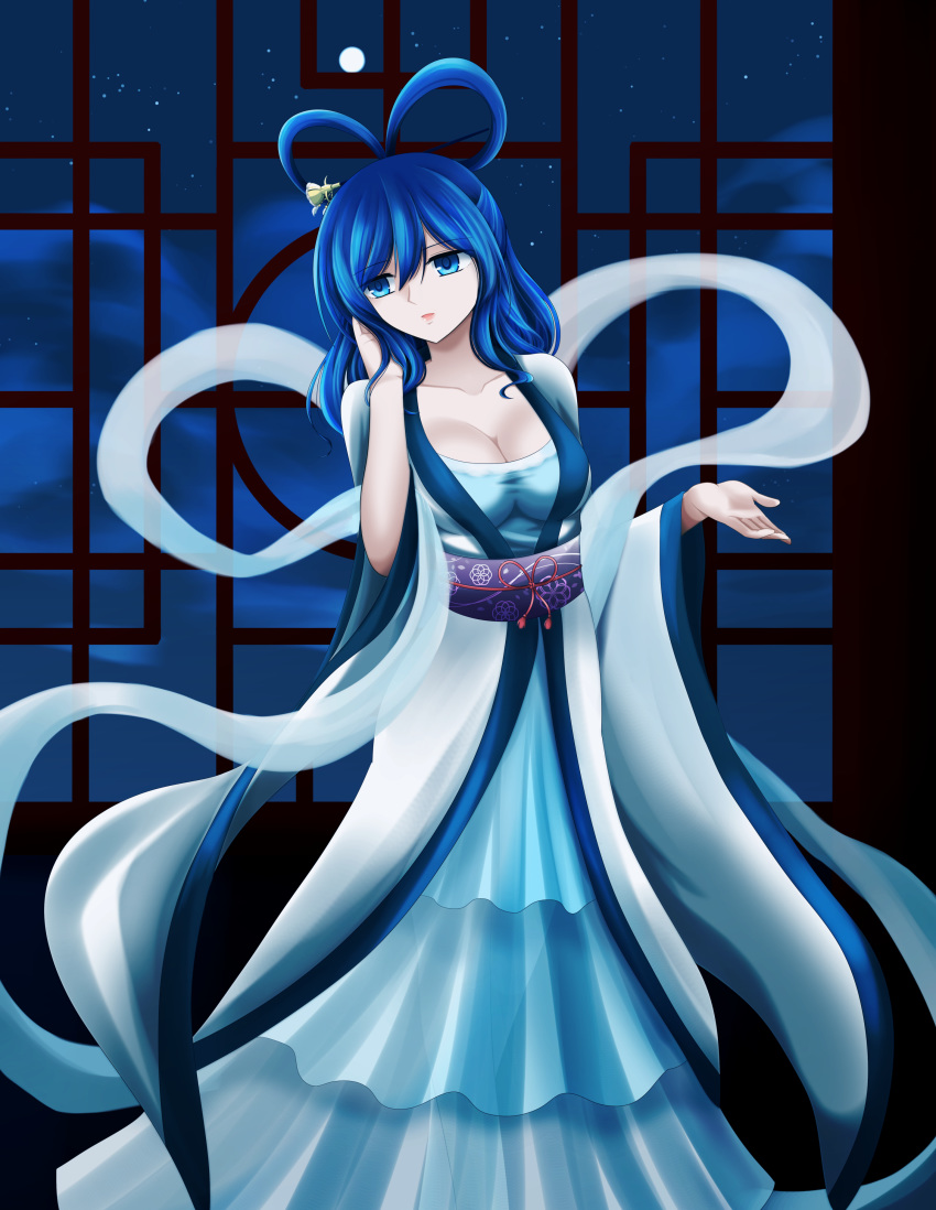 The Big Imageboard Tbib Absurdres Adjusting Hair Alternate Costume Blue Dress Blue Eyes Blue