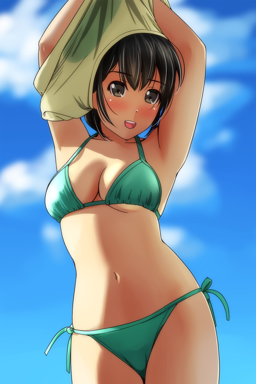 The Big ImageBoard (TBIB) - 1girl :d absurdres armpits arms up bangs bare shoulders bikini black ...