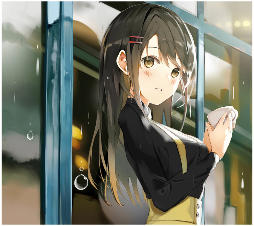 The Big ImageBoard (TBIB) - 1girl black shirt blush border breasts brown eyes brown hair ...