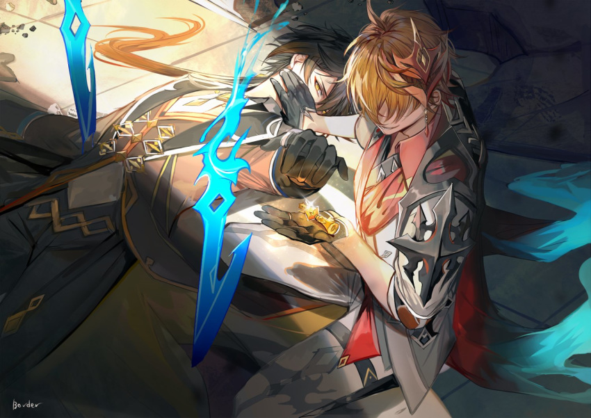 The Big ImageBoard (TBIB) - 2boys ahoge black gloves black hair black ...