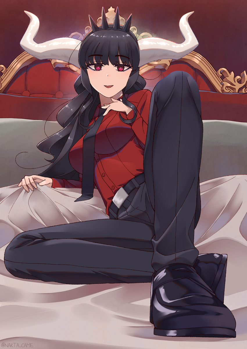 The Big ImageBoard (TBIB) - 1girl :d belt black footwear black hair black necktie black pants ...